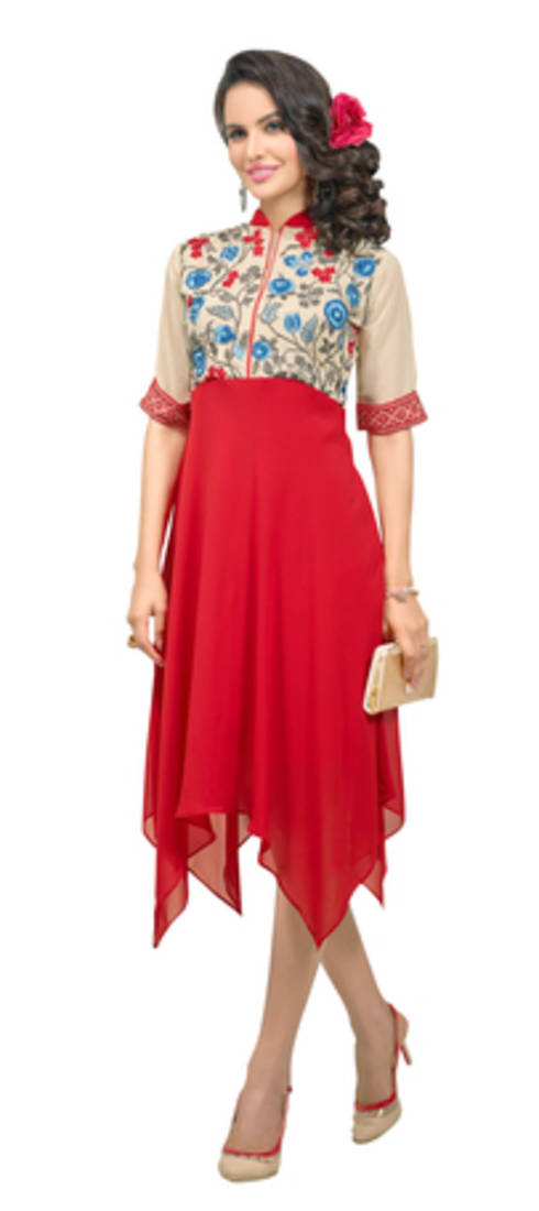 Wonderous Beige And Red Color Georgette Fabric Kurti - Cooper - 781219