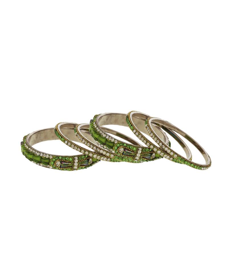 Green Stone Studded Hyderabadi Lac Metal 6 Bangle Set - Traditsiya - 799779