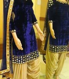 Blue velvet embroidered semi stitched salwar with dupatta - FFashion ...