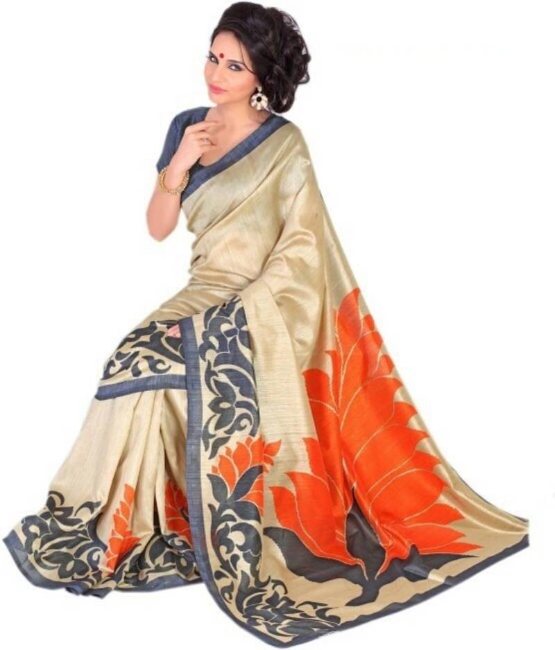chiku printed art silk saree with blouse - Mezona - 825223
