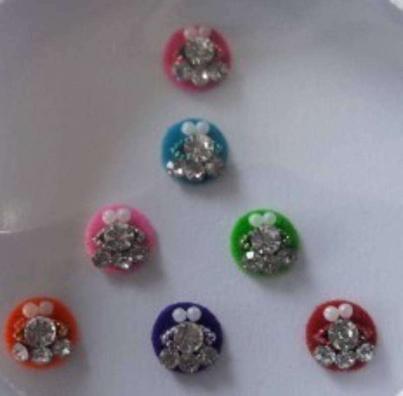 7 round bindi with silver effect assorted color red and baby pink blue ...