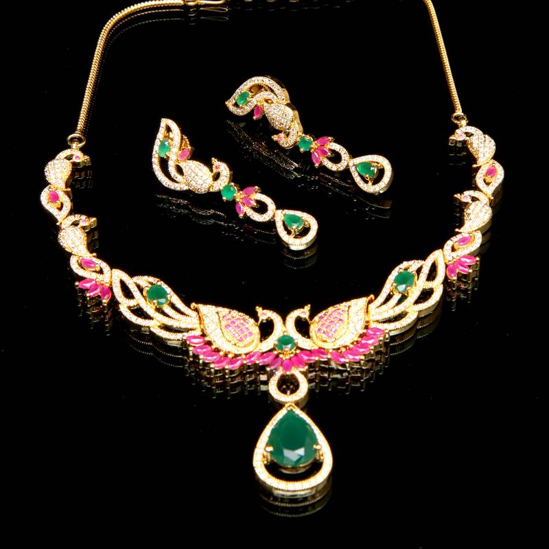 AD STONE STUDDED FASHION NECKLACE SET (AD RED GREEN) - GO GRAP - 836167