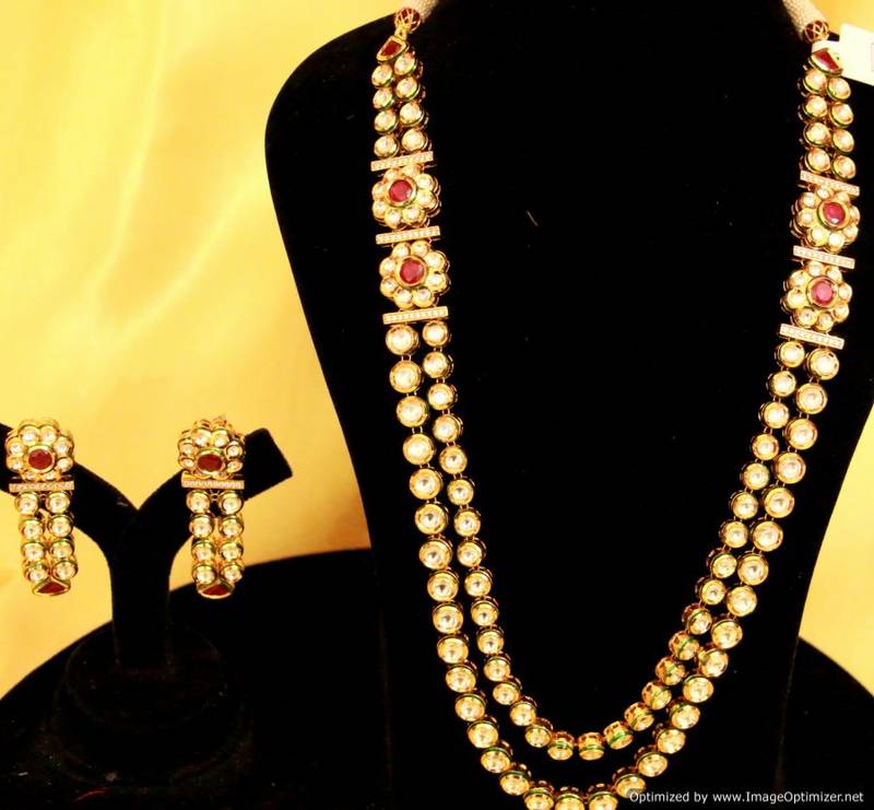 Ruby Kundan Double Line Necklace Set - Sanvi Jewels - 838534