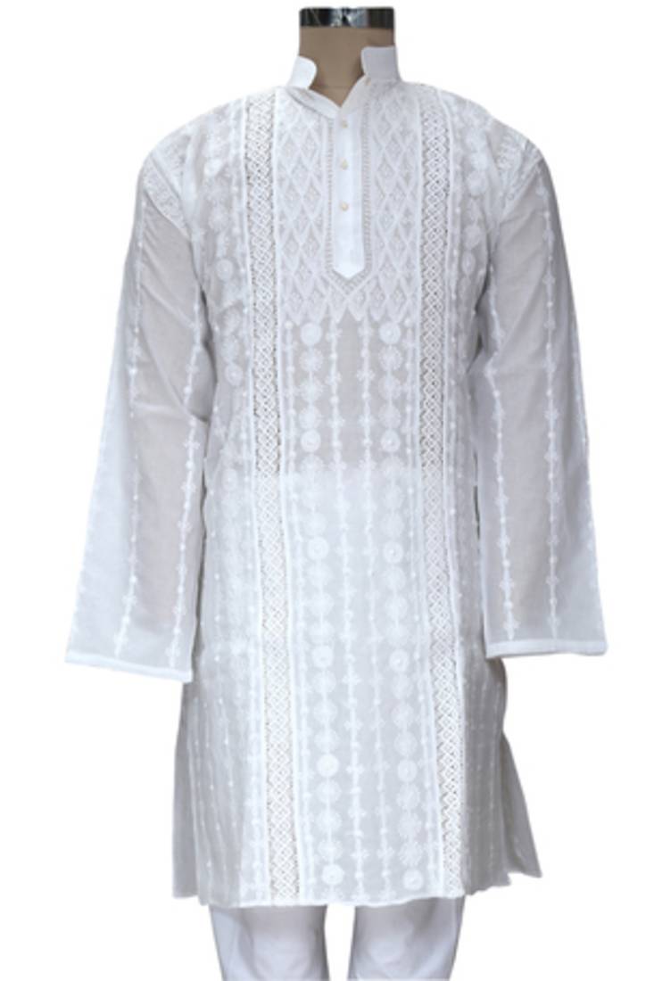 Ada Handmade Designer Lucknowi Chikan Large White Cotton Kurta For Men - Ada - 850499