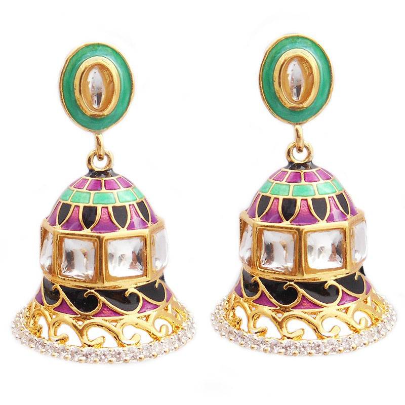 Designer Bell Shaped Ad Cum Kundan Meena Earing - MK Jewellers - 871809