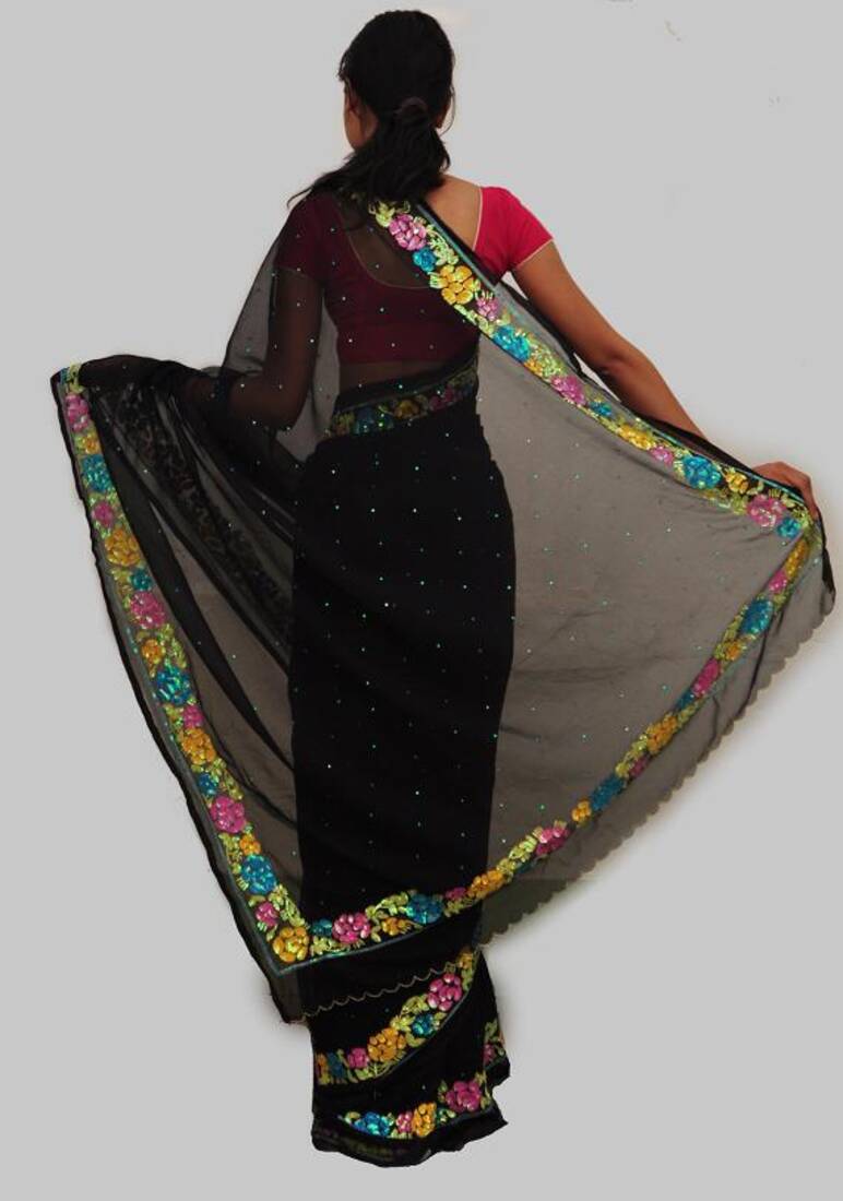 Black embroidered Faux chiffon Saree - Deepika Rao - 7417