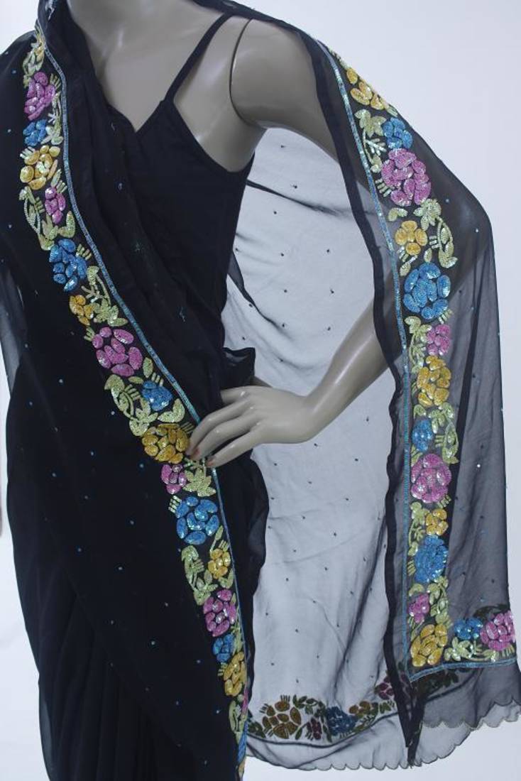 Black embroidered Faux chiffon Saree - Deepika Rao - 7417