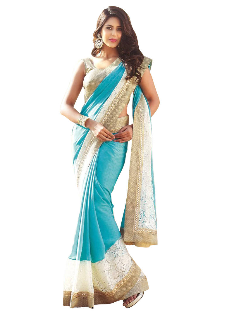 sky blue embroidered georgette saree with blouse - Saree Point - 925427