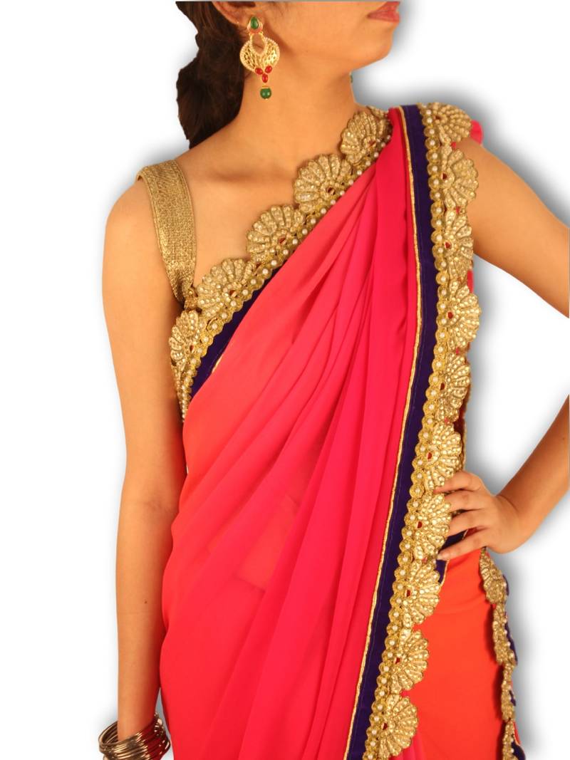 Multi colored magenta shaded georgette saree with pearl work curve ...