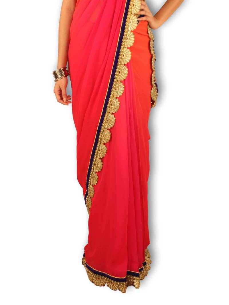 Multi colored magenta shaded georgette saree with pearl work curve ...
