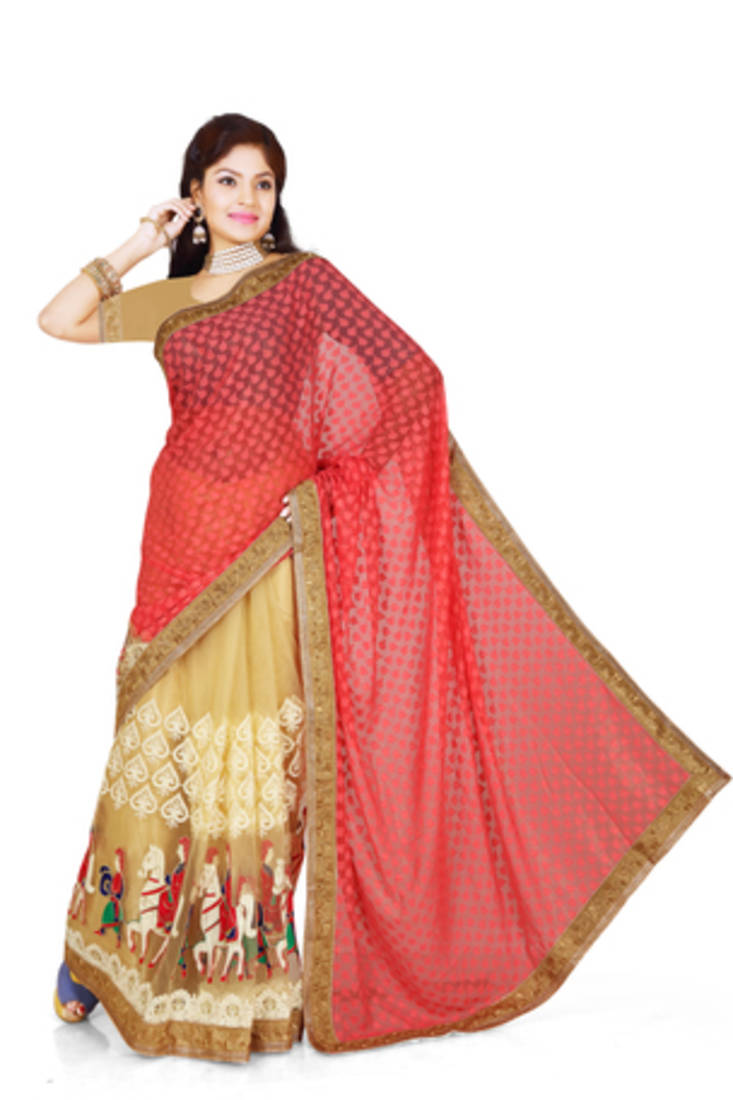 Gajari red and chikoo brasso georgette saree with blouse - MARUTI ...