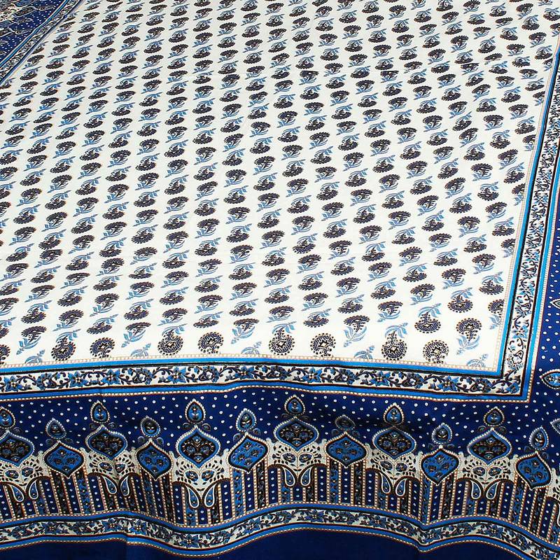 Dark blue and cream and sky blue printed pure cotton bed sheets - Vivan ...