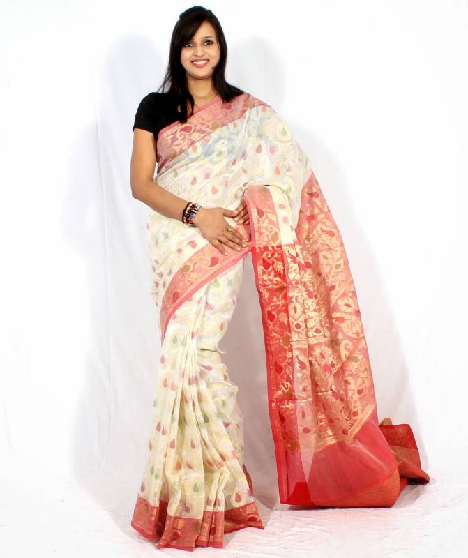 Organza Fancy Check Aanchal Border Saree - Bunkar - 112427