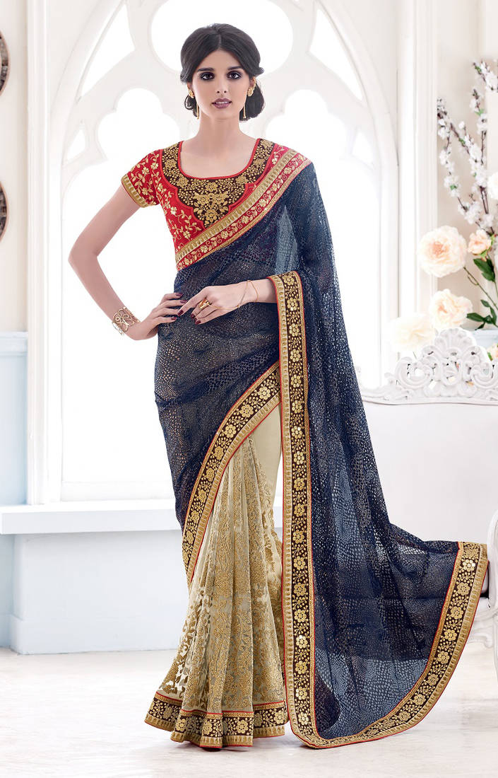 Navy blue embroidered net saree with blouse - parul feb - 986738