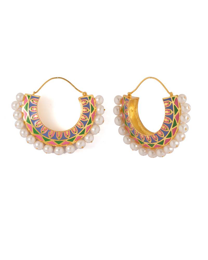 Colorful Hoop Earrings Embedded With Pearl Beads - Voylla - 1007358