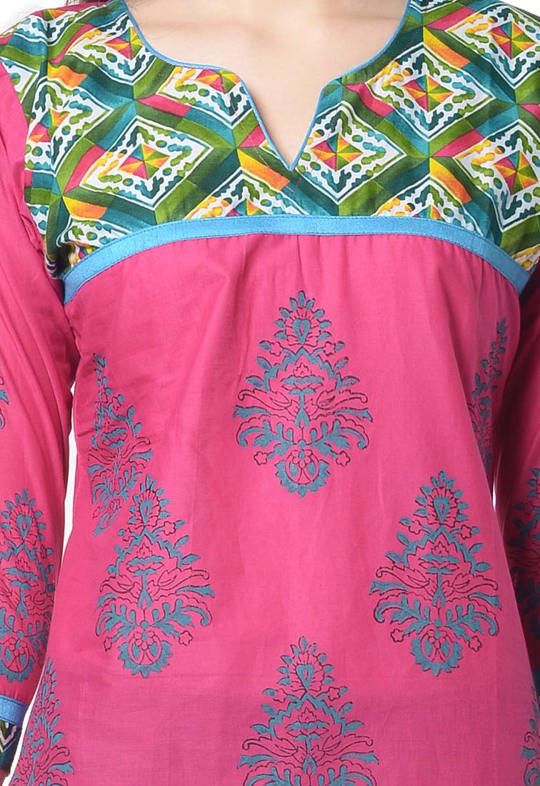 Pink block print cotton kurti - Navriti - 1022887