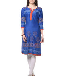 Blue block print rayon kurti - Navriti - 1022892
