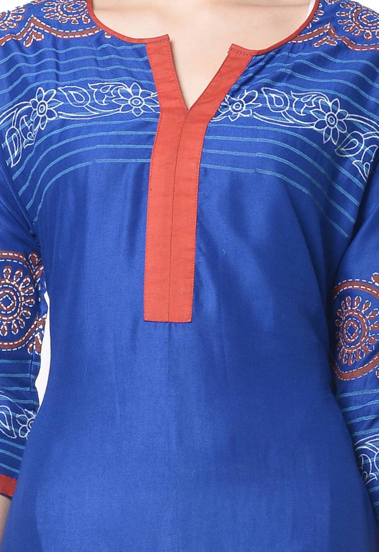 Blue block print rayon kurti - Navriti - 1022892