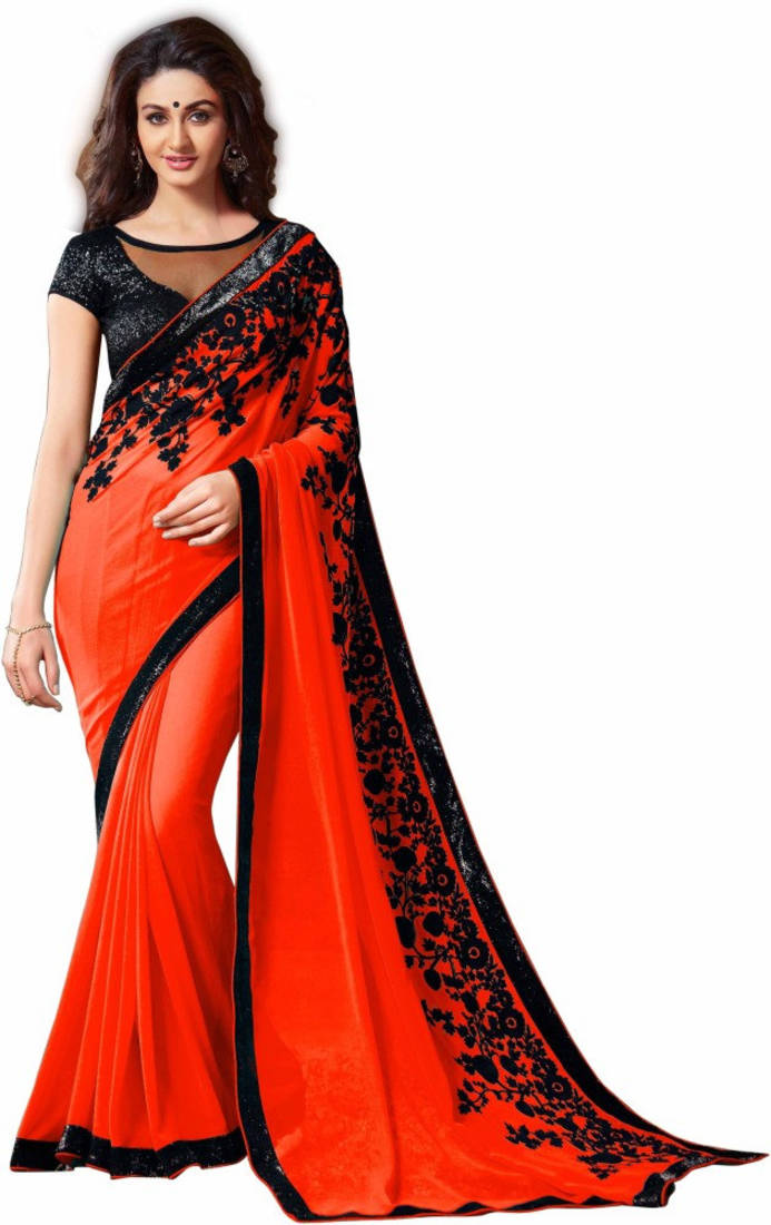red embroidred chiffon saree with blouse - Pari Designer - 1033491