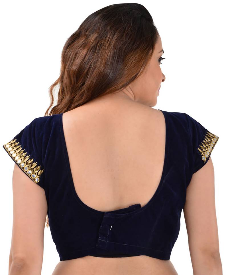 Blue velvet mirror work unstitched blouse - Panchi - 1084273
