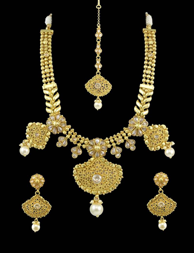 Long Golden Beige Polki Stones Necklace Set with Maang Tika Jewellery ...