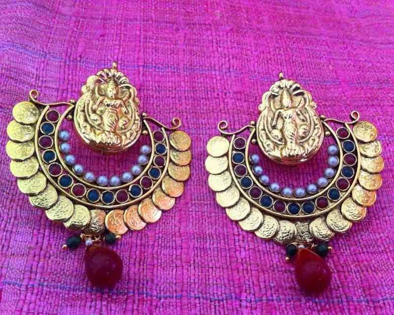 Red green ram leela inspired goddess Lakshmi motif ginni coin earring ...