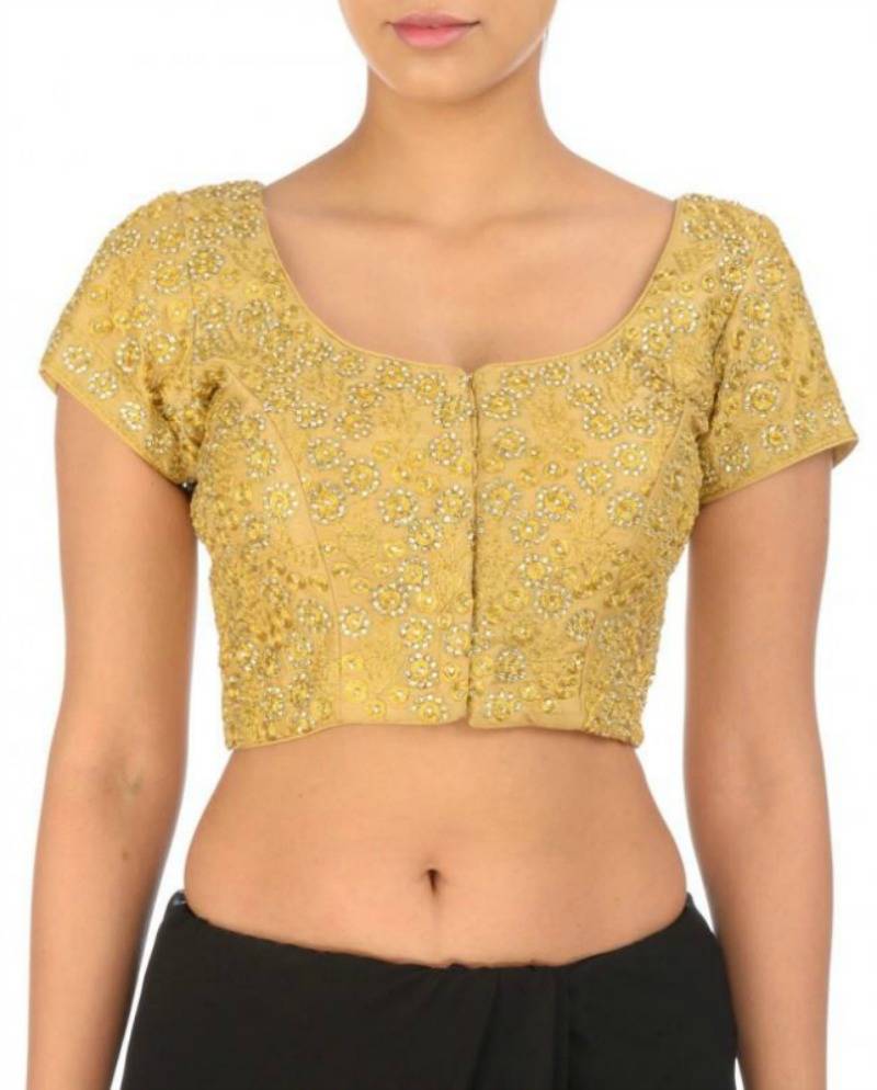 Golden embroidered raw silk unstitched blouse piece for women. - Fabron ...