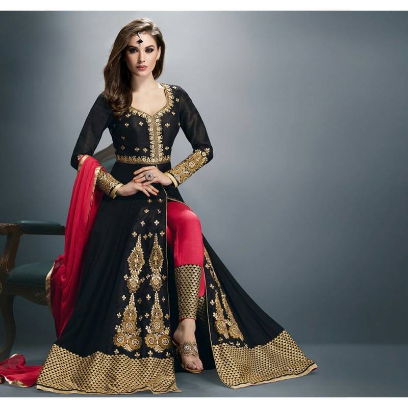 Black georgette embroidered semi stitched salwar with dupatta ...