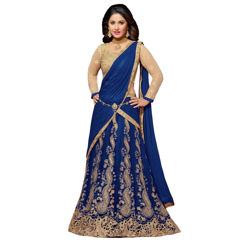 Blue embroidered net unstitched lehenga-choli - LADIES FLAVOUR - 1135354