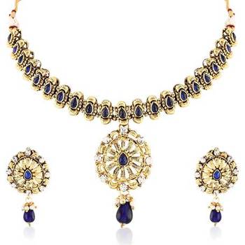 Blue Stone Gold Finishing Traditional Necklace Set - RICH LADY - 1147869