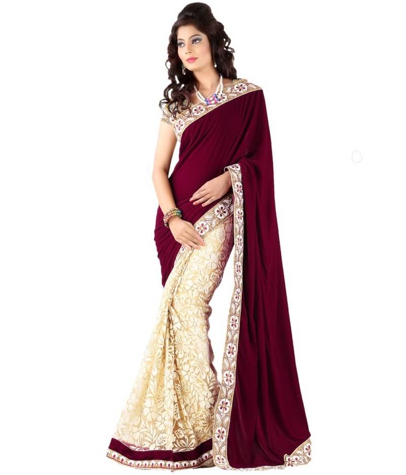 Manvi Fashion Maroon Velvet Saree - MIRA ENTERPRISE - 1162172