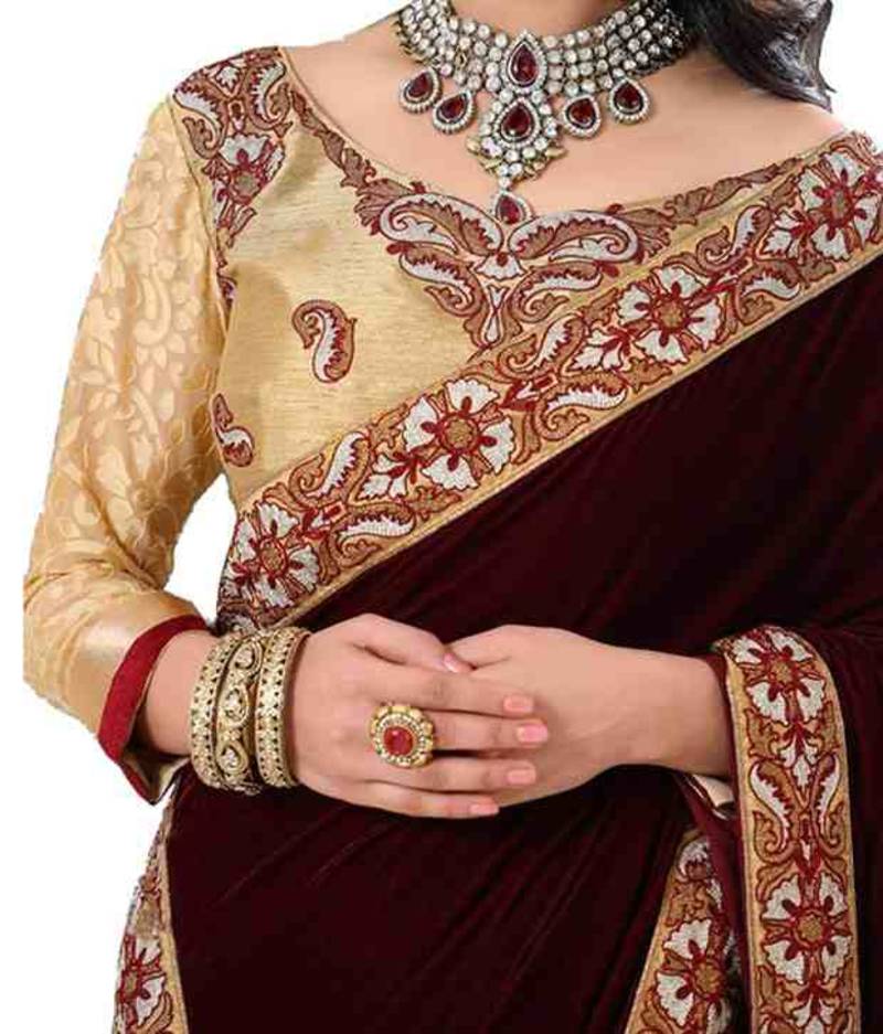 Manvi Fashion Maroon Velvet Saree - MIRA ENTERPRISE - 1162172