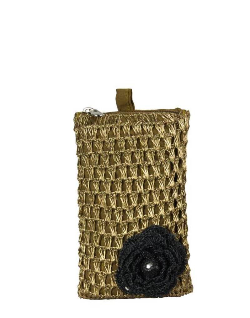 Mobile Crochet Pouch in Copper Zari with Motif in Black - moKanc - 138984