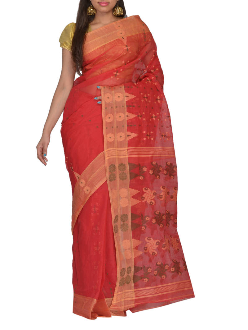 Red Bengal handloom Cotton Jari sari without Blouse - Sajasajo - 1169530