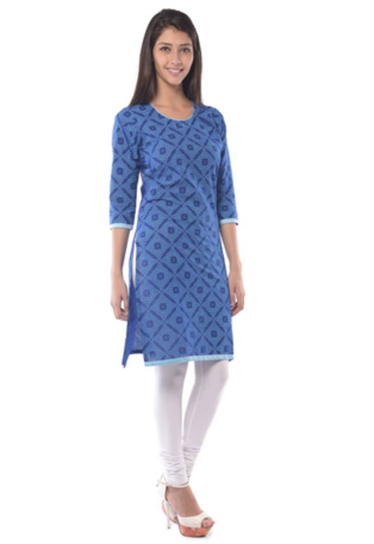 Blue Block Print Cotton Kurta - Navriti - 1172574