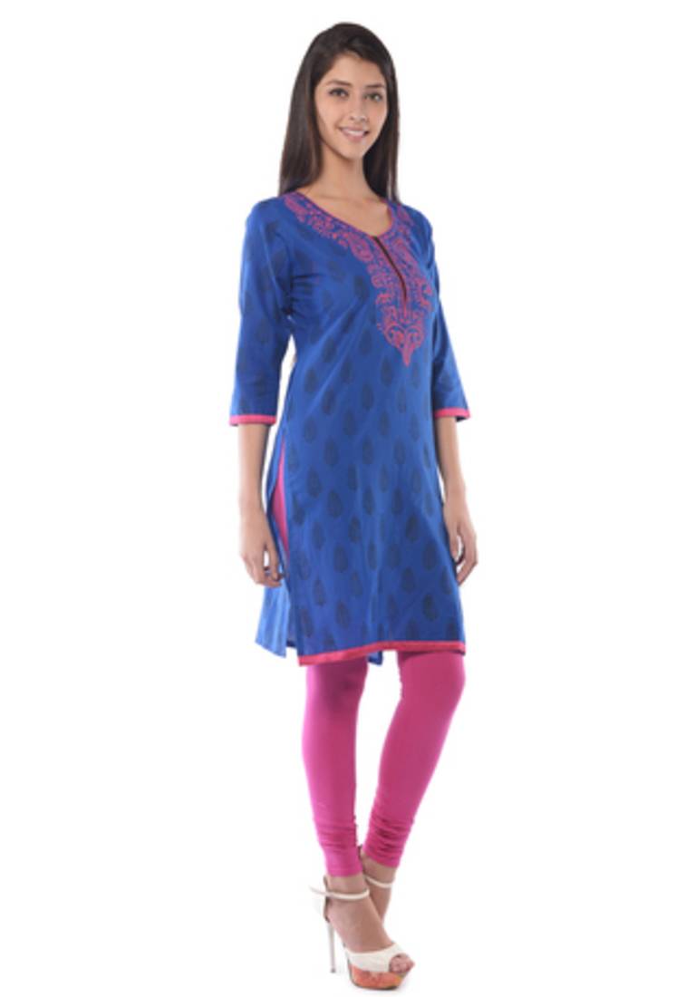 Blue Block Print Cotton Kurta - Navriti - 1172978
