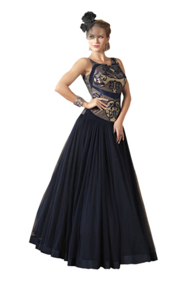 Dark blue printed net semi stitched salwar with dupatta - SARYU E ...