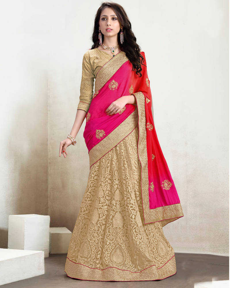 chiku color embroidery work viscose lehenga saree With Blouse ...