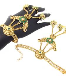 Jodha style kundan ruby emerald gold plated fashion jewelry hath phool slave bracelet - 9blings ...