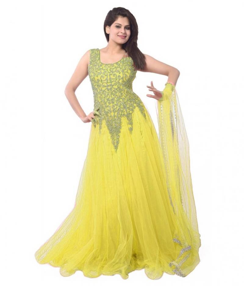 Yellow embroidered soft net unstitched gown with dupatta - JAYSFAB ...
