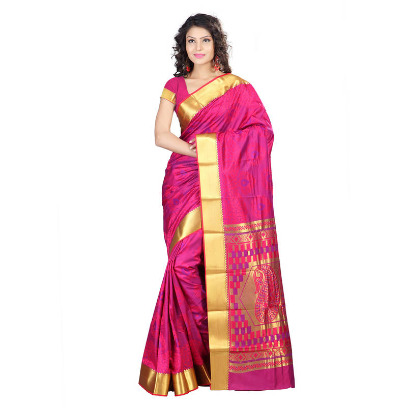 Pink hand woven kanchipuram silk pattu saree with blouse - Poplin - 1237348