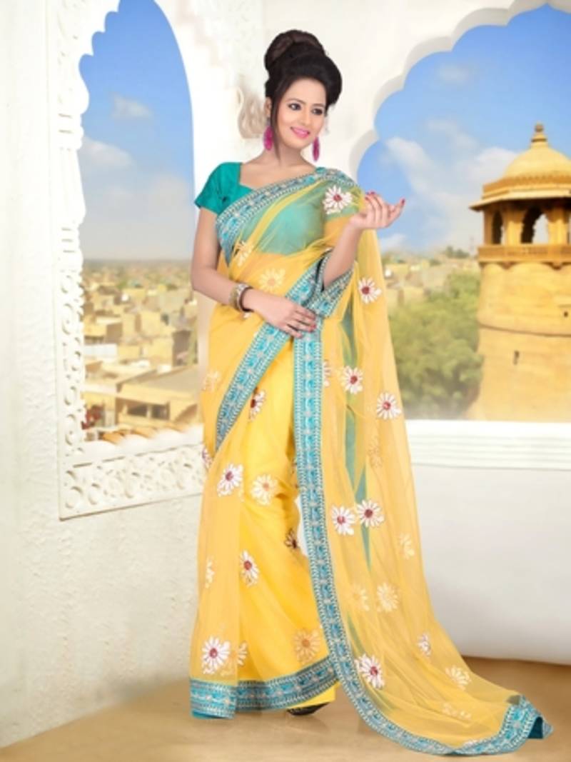 Net Velvet Embroiderd yellow Saree With Unstitched Inner/ Petticoat ...