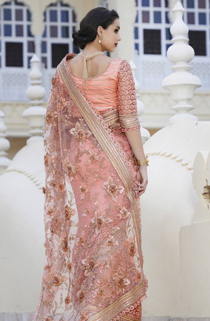 baby pink embroidered net saree With Blouse - Bansi Sarees - 1292452