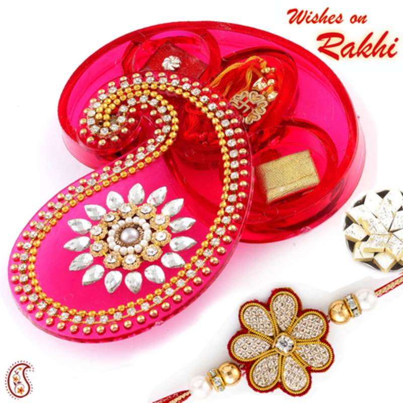Premium Keri Shape Pink Rakhi Gift Box With Floral Zardosi Rakhi ...