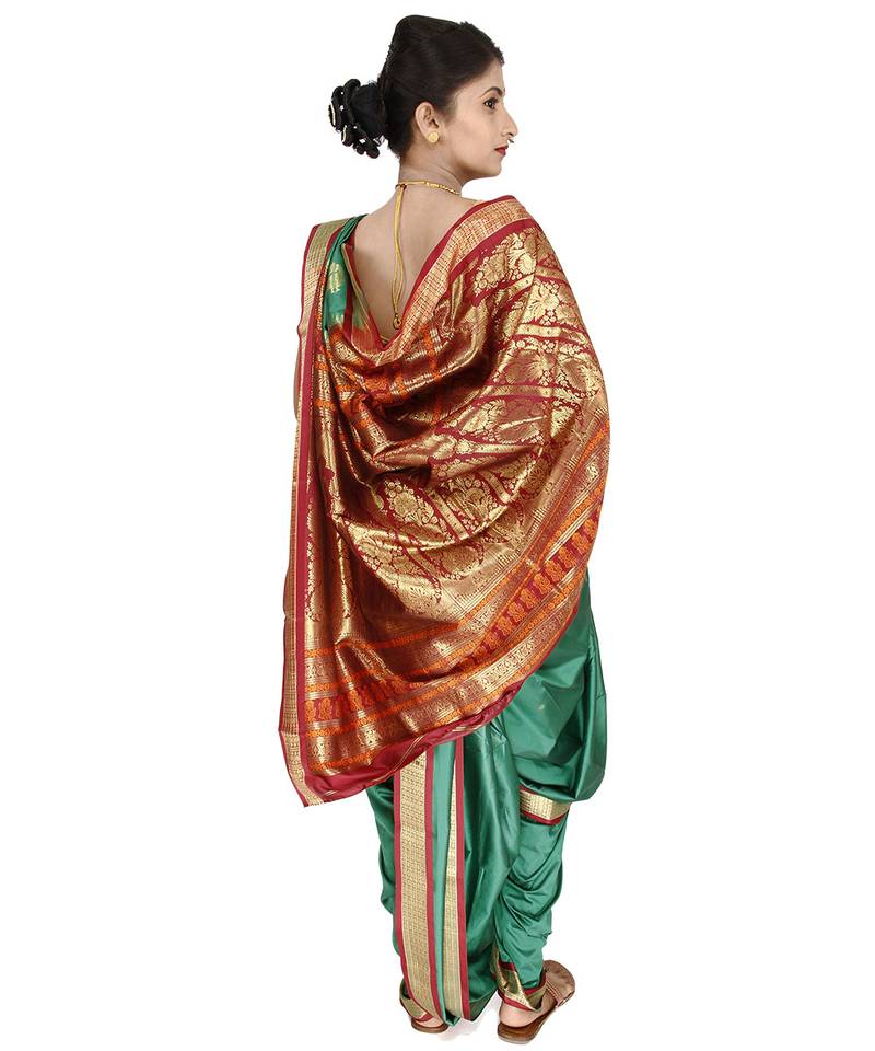 Sea green plain cotton silk nauvari saree - KALAPURI - 1311498