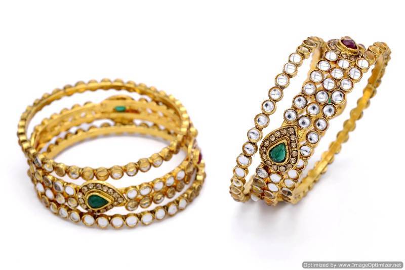 Antique Golden Kairi Shaped Kundan Stone Studded 6 Piece Bangle Set ...