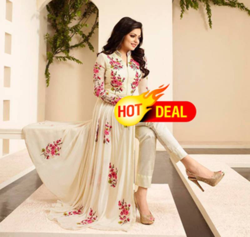 White georgette embroidered semi stitiched salwar with dupatta - F3 ...