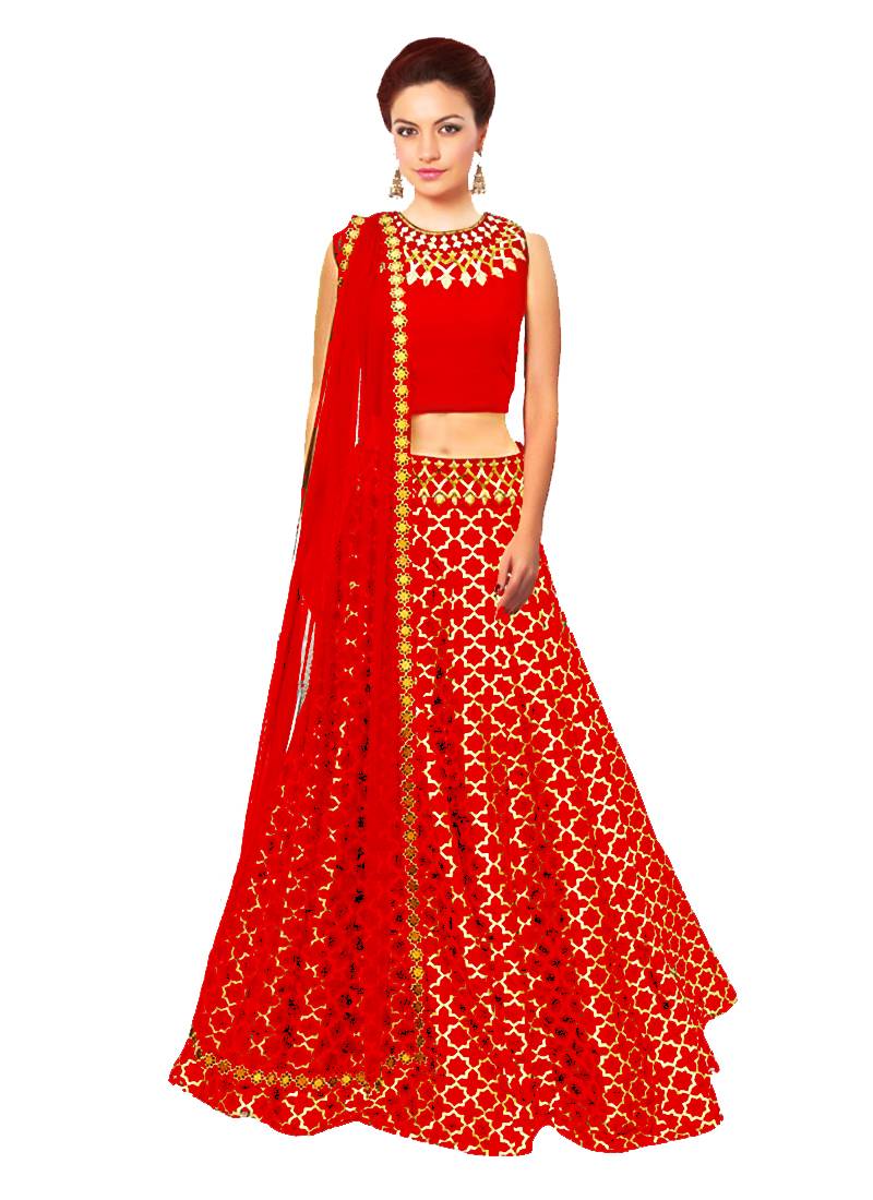Red embroidered crepe unstitched ghagra choli - Helix - 1505690