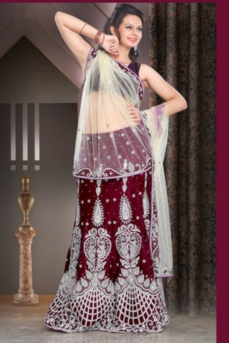 Buy Red embroidered Velvet ghagra-choli Online