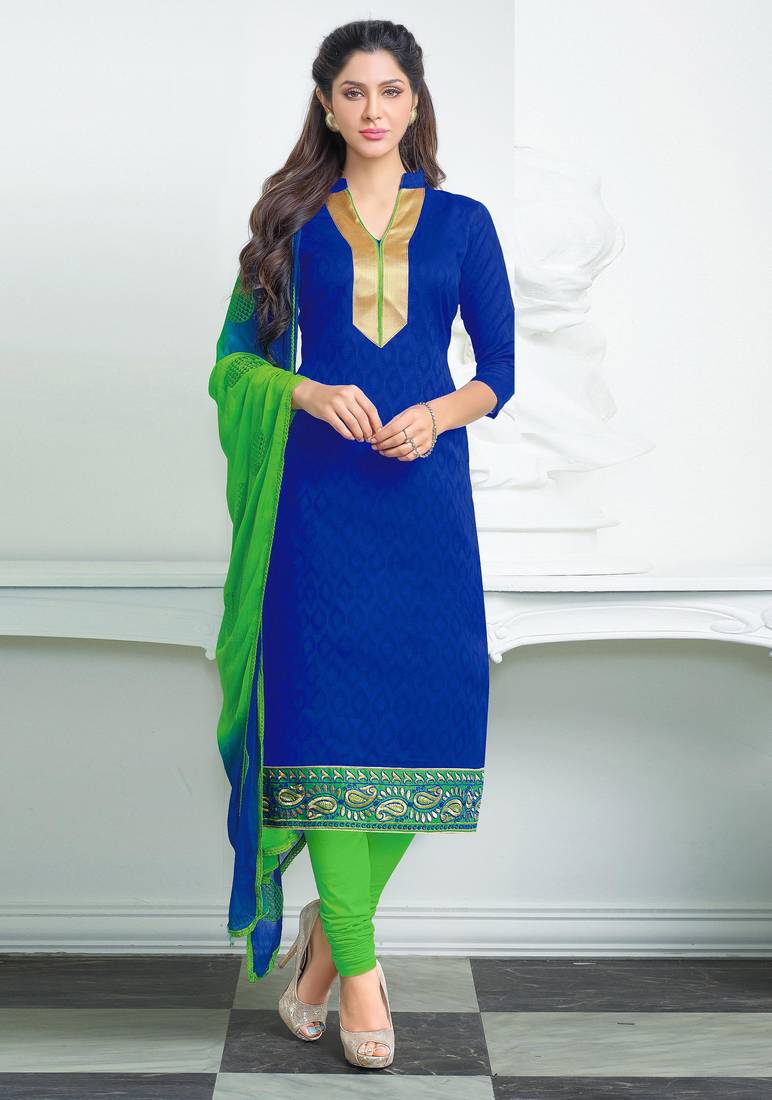 Blue Lakda Jacquard Embroidered unstitched salwar with dupatta ...